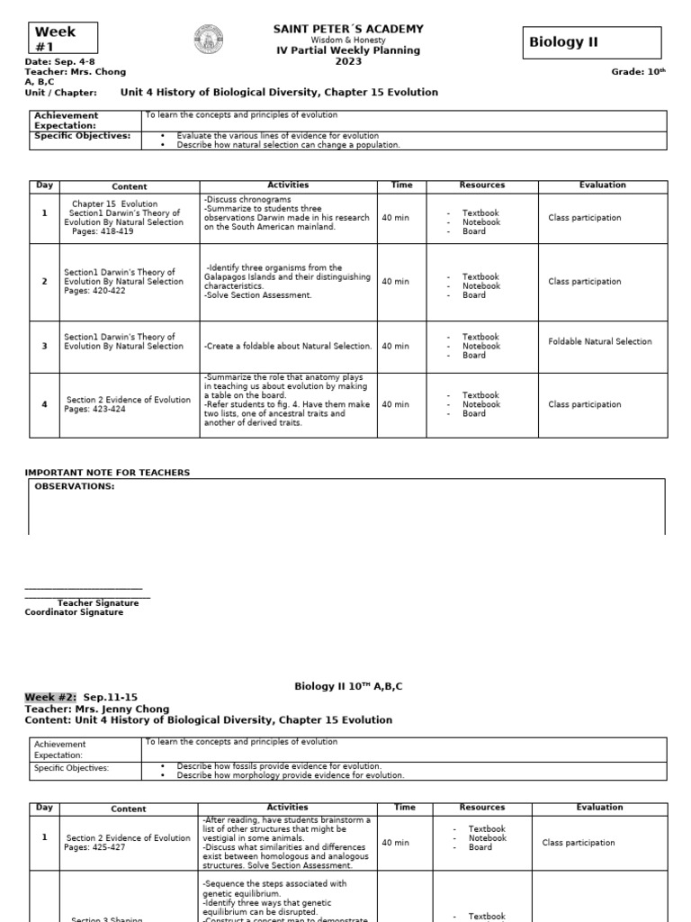 Bio 10th IV Weekly Plan 2023 | PDF | Evolution | Natural Selection