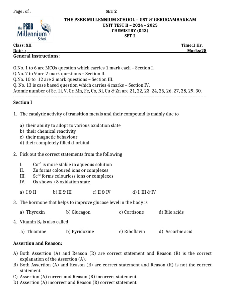 STD 12 Che Ut2 QP (24-25) Set 2 | PDF | Hydrolysis | Glucose