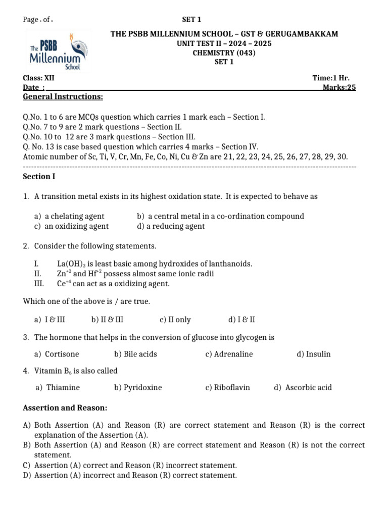 STD 12 Che Ut2 QP (24-25) Set 1 | PDF | Hydrolysis | Glucose