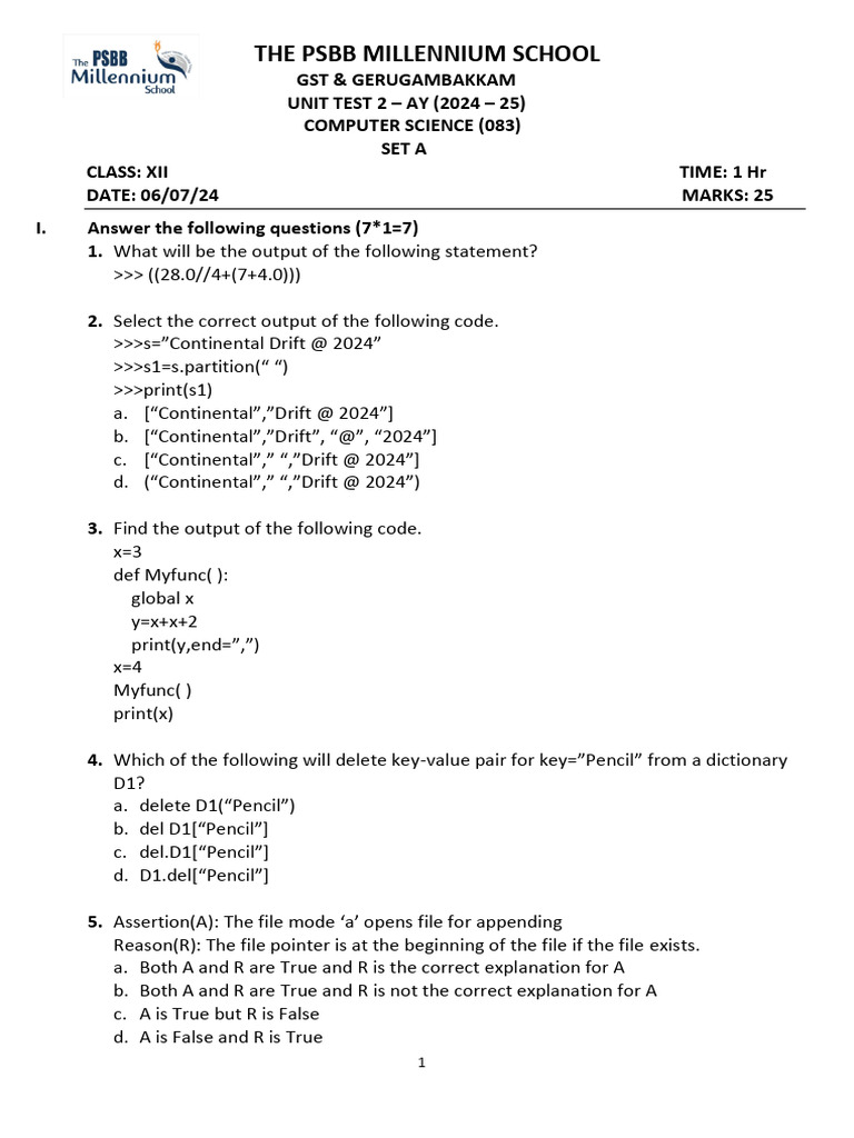 STD 12 CSC Ut2 QP (24-25) Set 1 | PDF | Parameter (Computer Programming) | Computer Programming