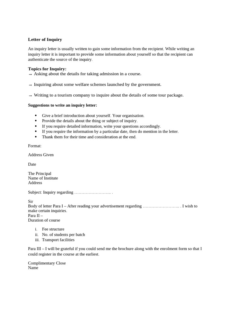 Sample Letter of Inquiry Class 10 1 | PDF