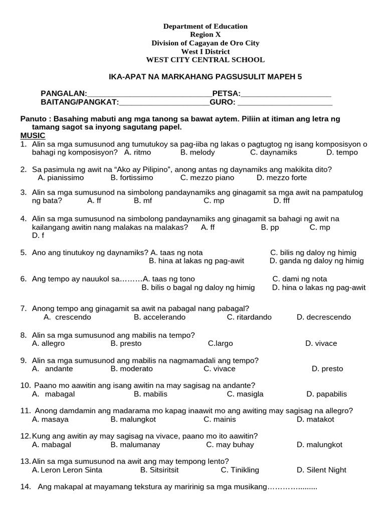 Mapeh Fourth Grad Exam | PDF