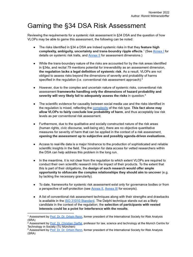 One-Pager - Systemic Risk in 34 DSA Risk Assessment | PDF | Risk ...