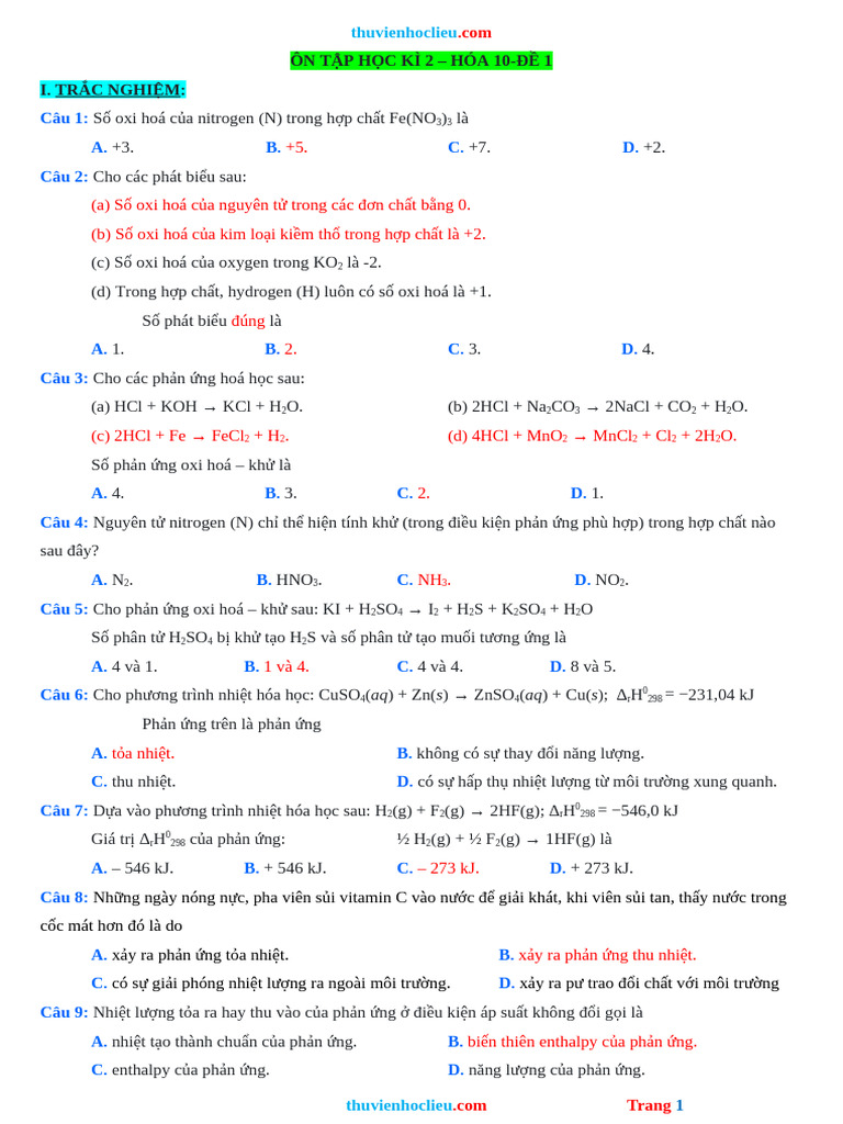De On Thi HK2 Hoa 10 CTST Co Dap An de 1 | PDF