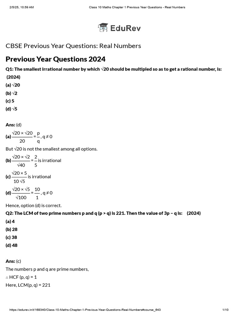 Class 10 Maths Chapter 1 Previous Year Questions - Real Numbers | PDF ...