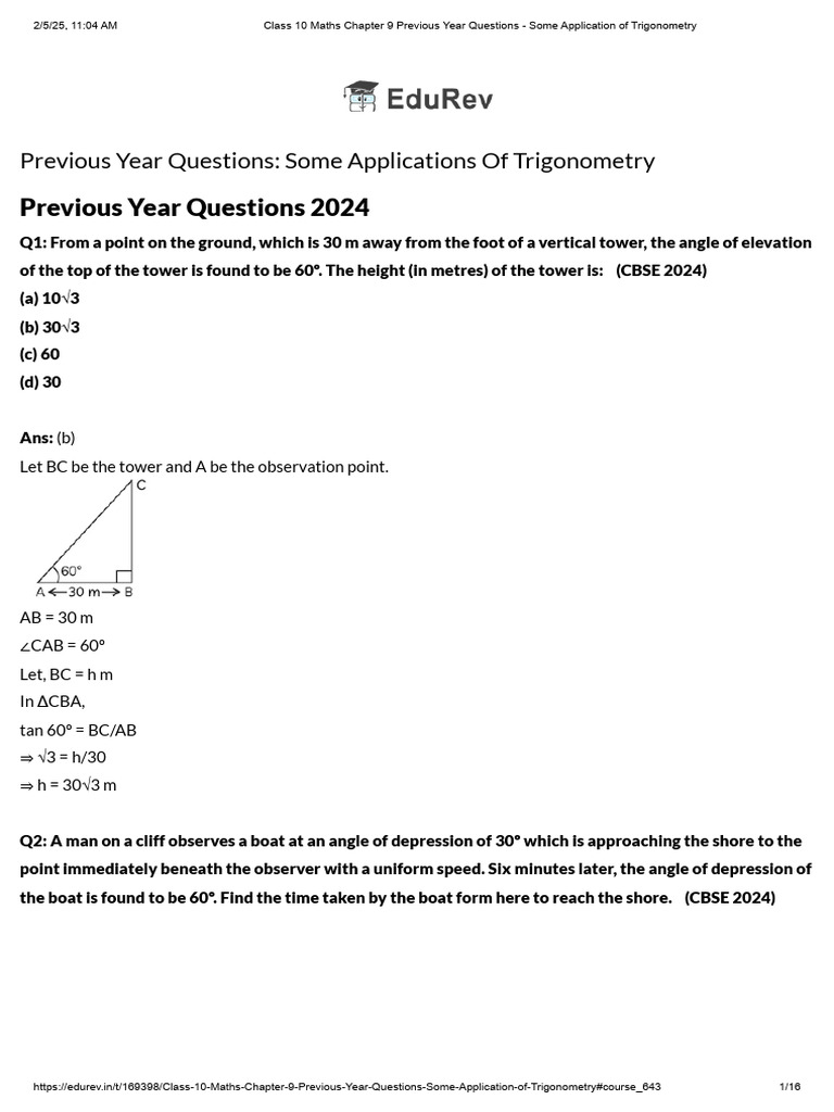 Class 10 Trigonometry PYQ Solutions | PDF | Trigonometry | Lighthouse