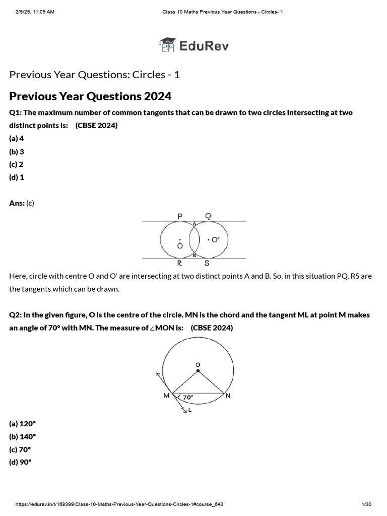 Class 10 Maths: Circles Past Questions | PDF | Circle | Perpendicular