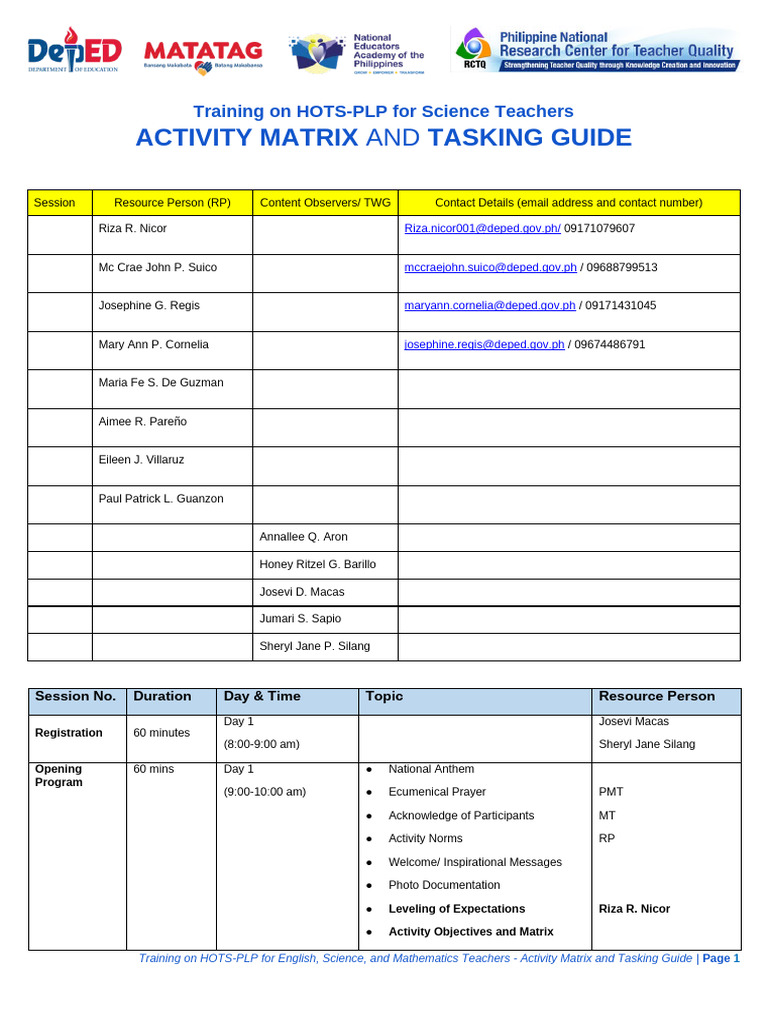 Hots Plp 2024 Activity Matrix Rp Tasking Guide Science Jan 29 To Feb 2 2 Pdf Education