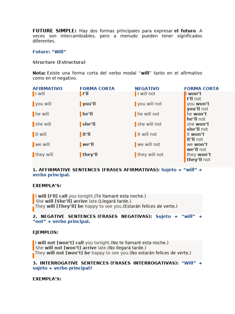 Estructura del Futuro Simple en Inglés | PDF | Mecánica del lenguaje ...