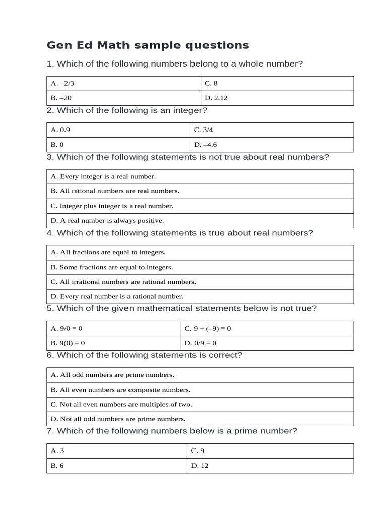 Gen Ed Math Practice Questions | PDF | Numbers | Elementary Mathematics
