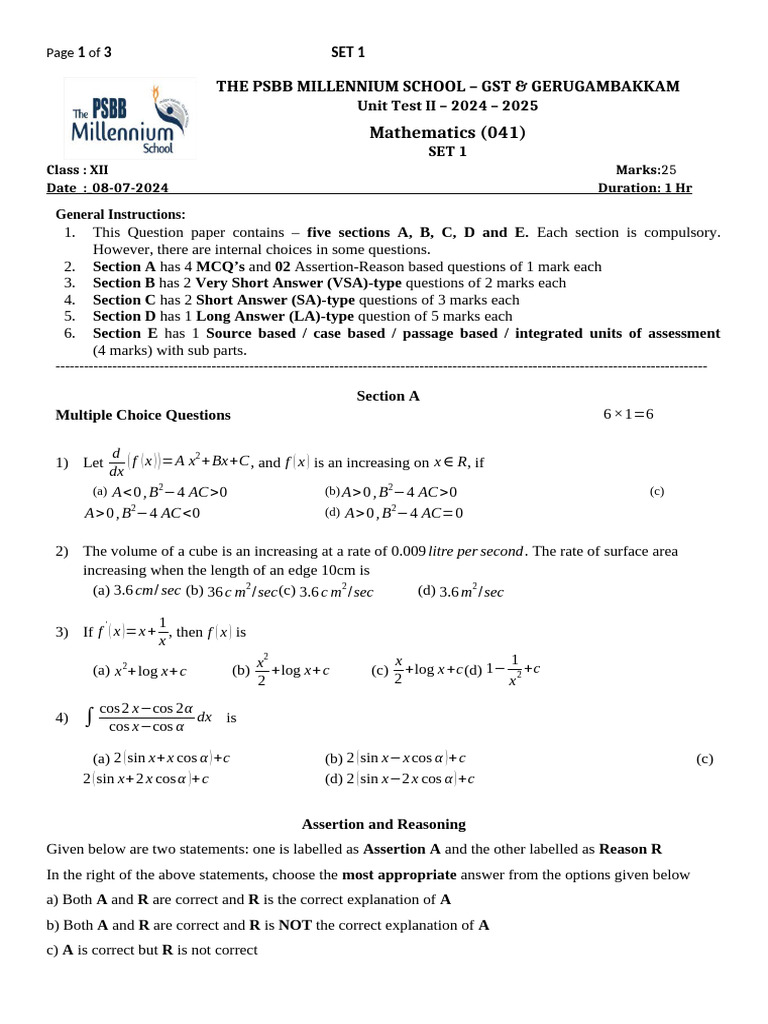 STD 12 Math Ut2 QP (24-25) Set 1 | PDF | Area | Mathematics