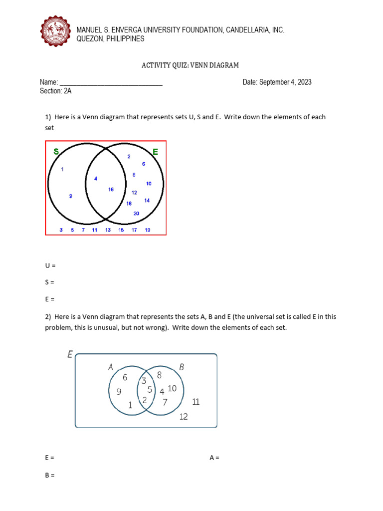 Venn Diagram Quiz for Students | PDF