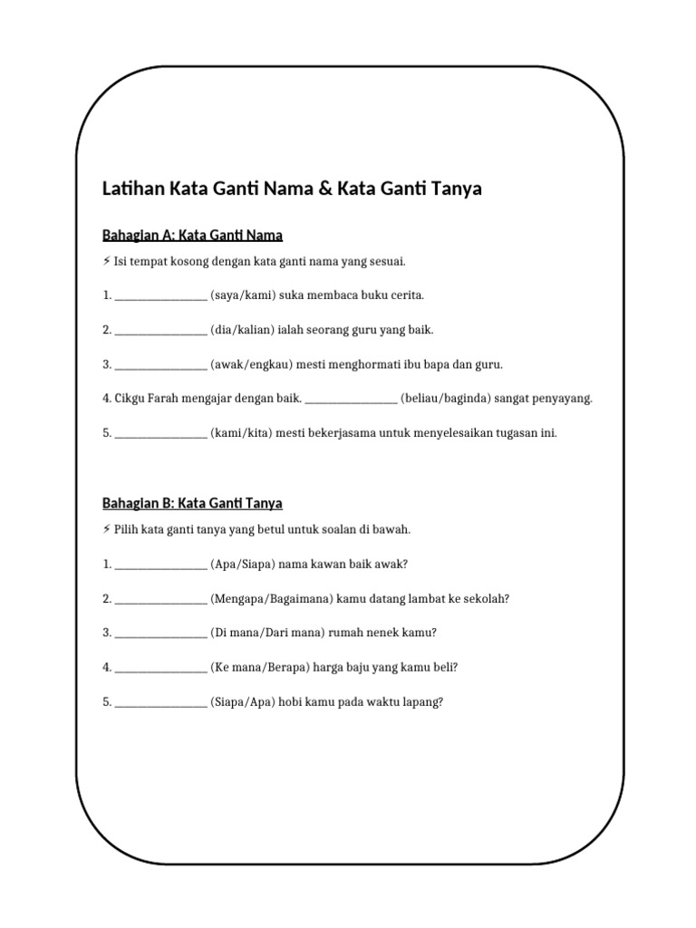 Latihan_Kata_Ganti_Nama_dan_Kata_Ganti_Tanya | PDF