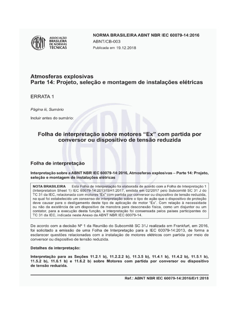 IEC 60079-14 de 11.2016 - Atmosferas Explosivas - Parte 14 - Projeto ...