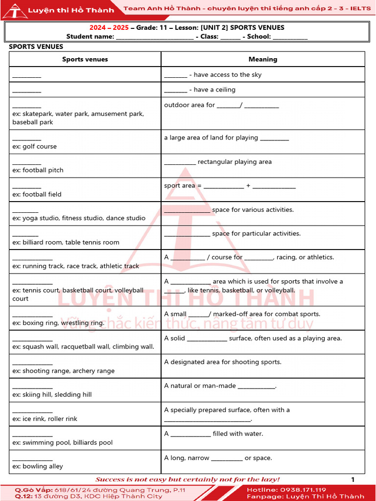 [g11-Vocab] - Unit 2 - Sports Venues | PDF | Sports