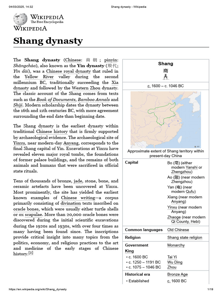 Shang Dynasty - Wikipedia | PDF
