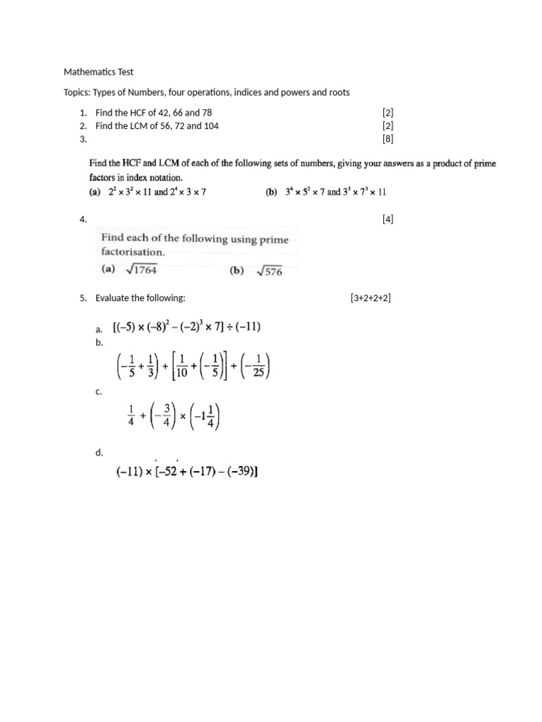 Mathematics Test: Number Operations | PDF