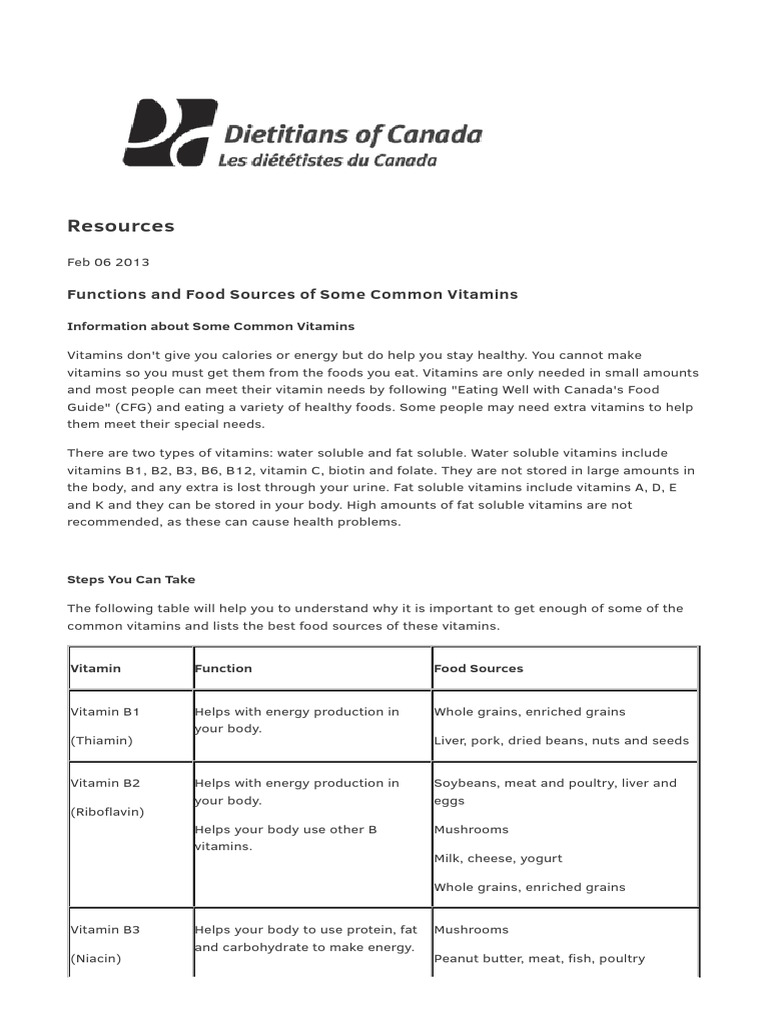 Functions and Food Sources of Common Vitamins - Aspx | PDF | Foods ...