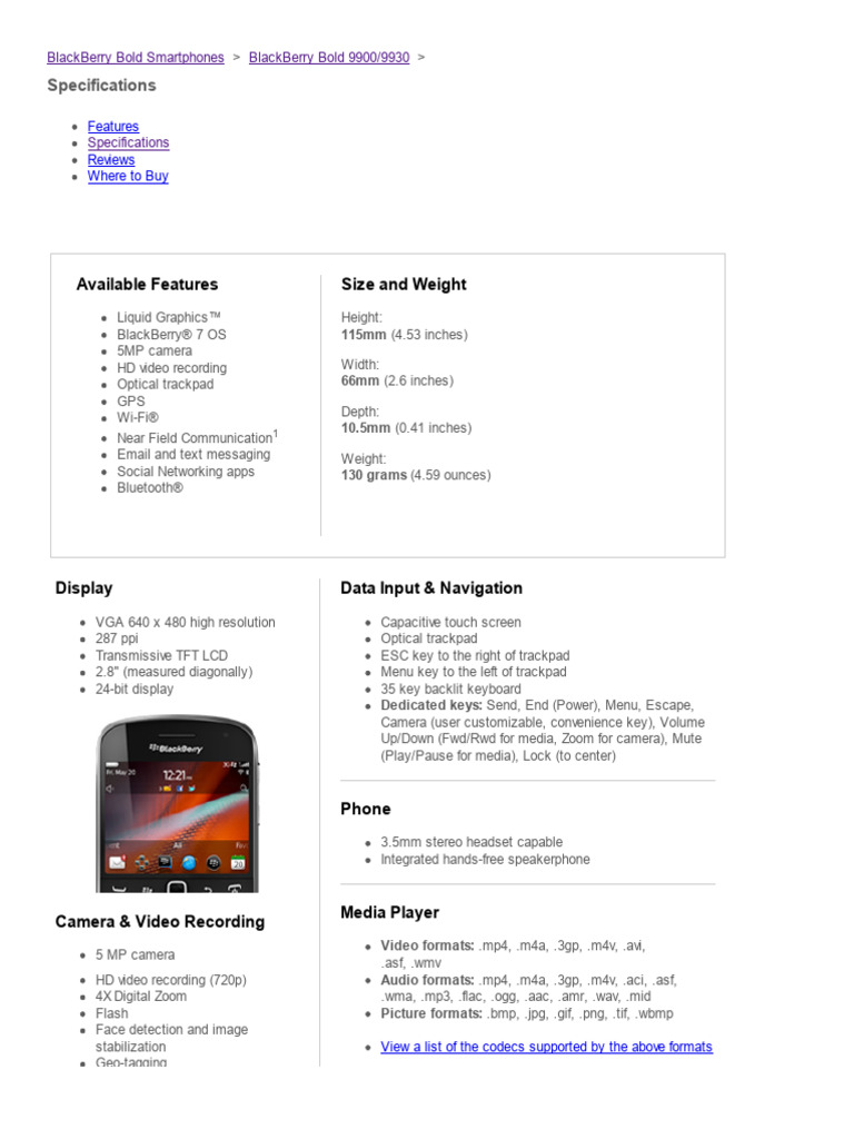 BlackBerry+Bold+9900+Datasheet | PDF | High Speed Packet Access | Bluetooth