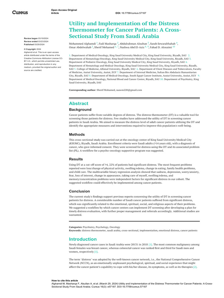Utility and Implementation of The Distress, Thermometer For Cancer ...