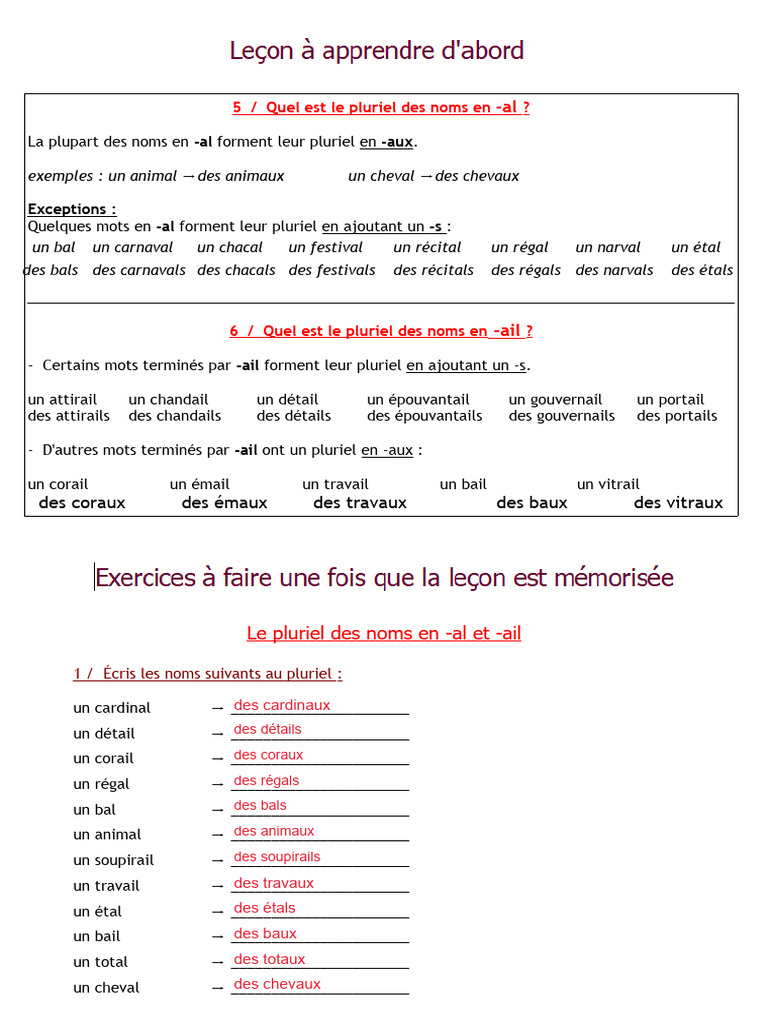 Exercices - Le Pluriel Des Noms Termines en - Al Et - Ail - Corrige ...