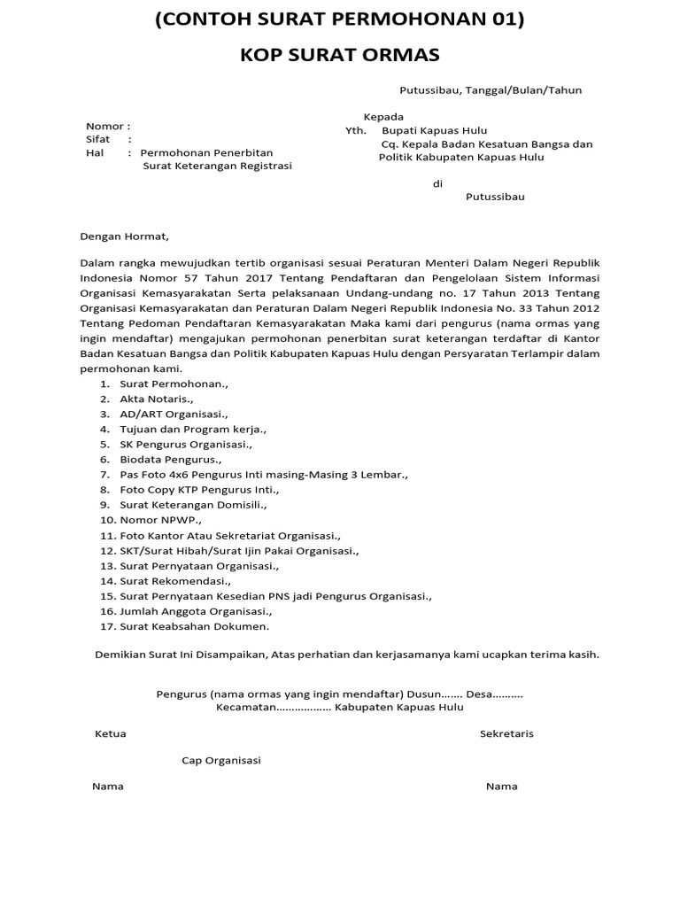 Contoh Surat Permohonan Pengajuan Terdaftar Ormas (1) | PDF