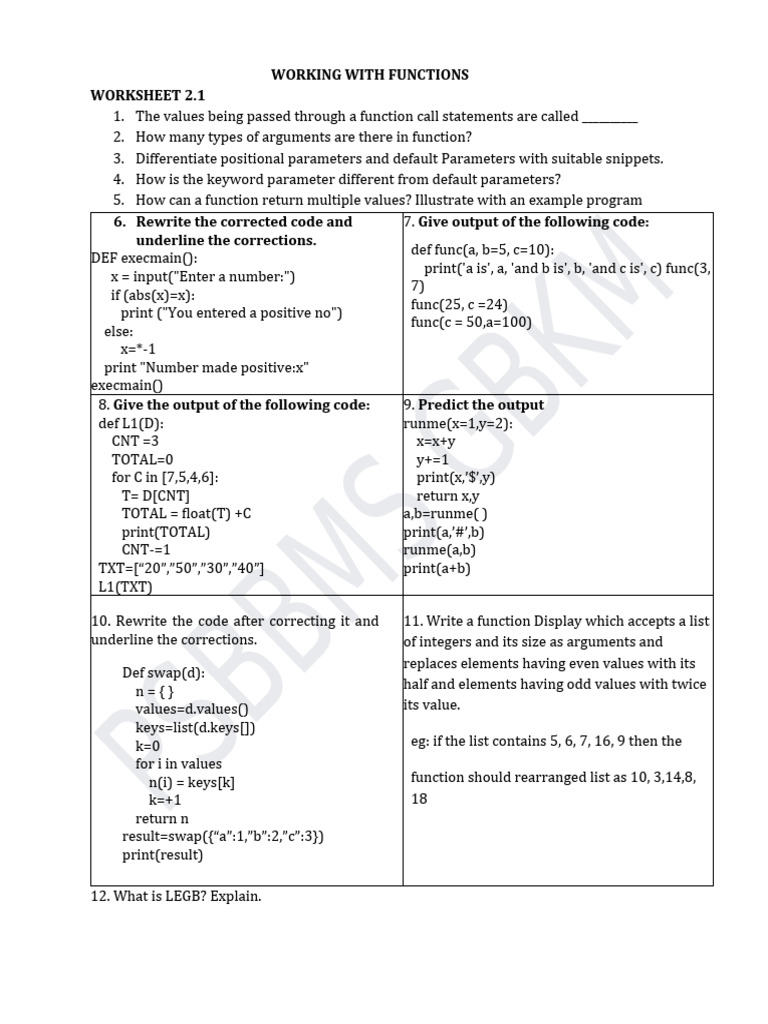 Working with functions - Worksheet 2 | PDF | Parameter (Computer Programming) | Programming ...