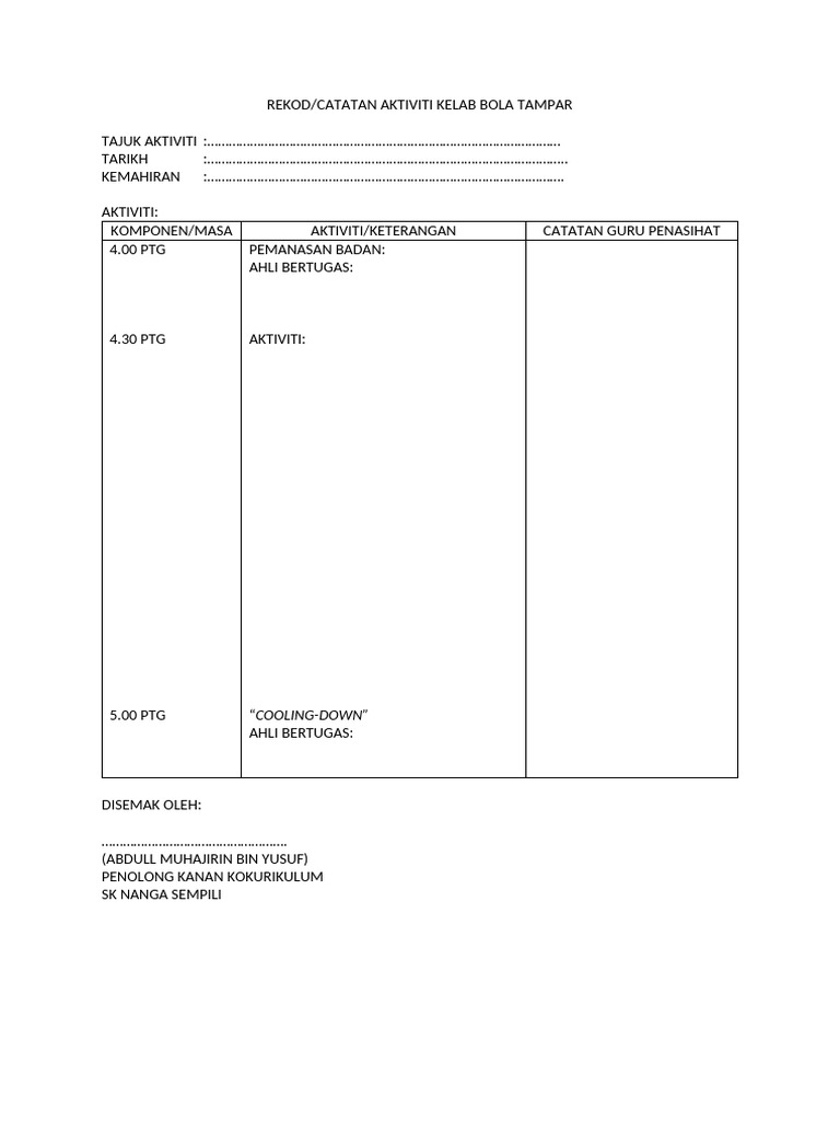 Reko Aktiviti Kelab Bola Tampar (Mingguan) | PDF