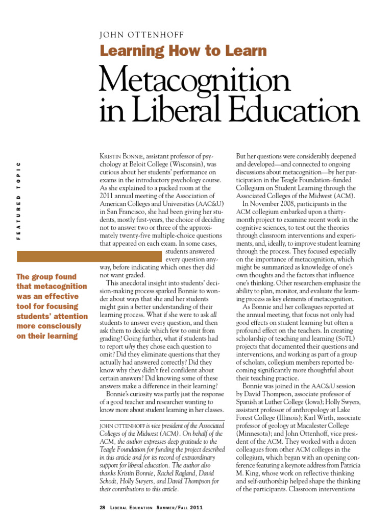 2011 Learning How To Learn - Metacognition in Liberal Education | PDF | Metacognition | Learning
