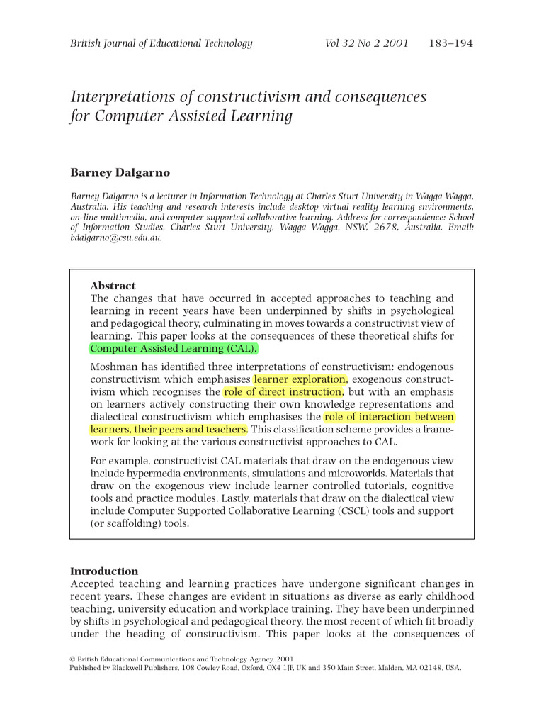 2001 - Interpretations of Constructivism and Consequences For Computer Assisted Learning (Read ...
