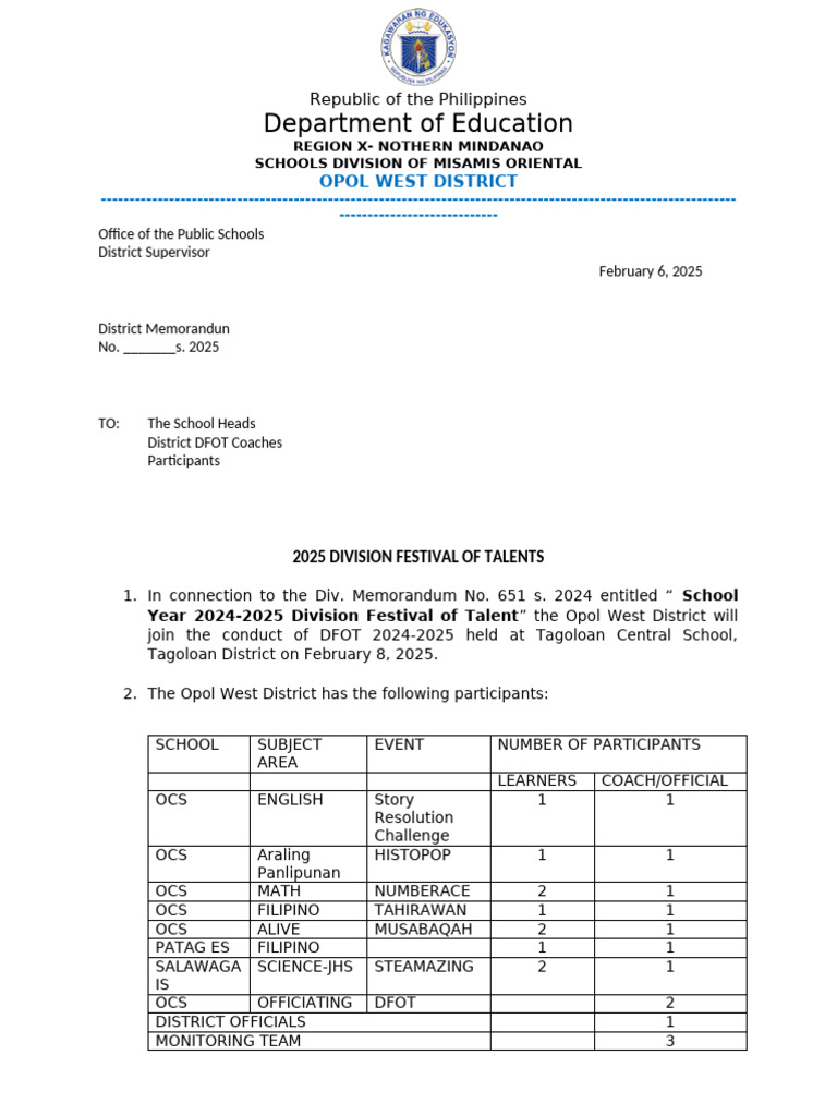 District Memo For Dfot 2025 | PDF
