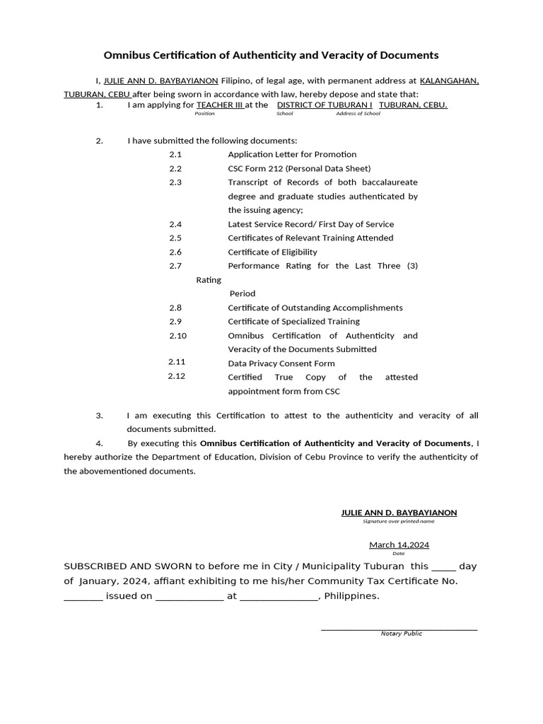 Omnibus Certification for Teacher Applications | PDF | Authentication ...