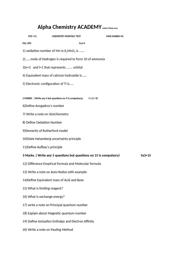 Chemistry Test | PDF