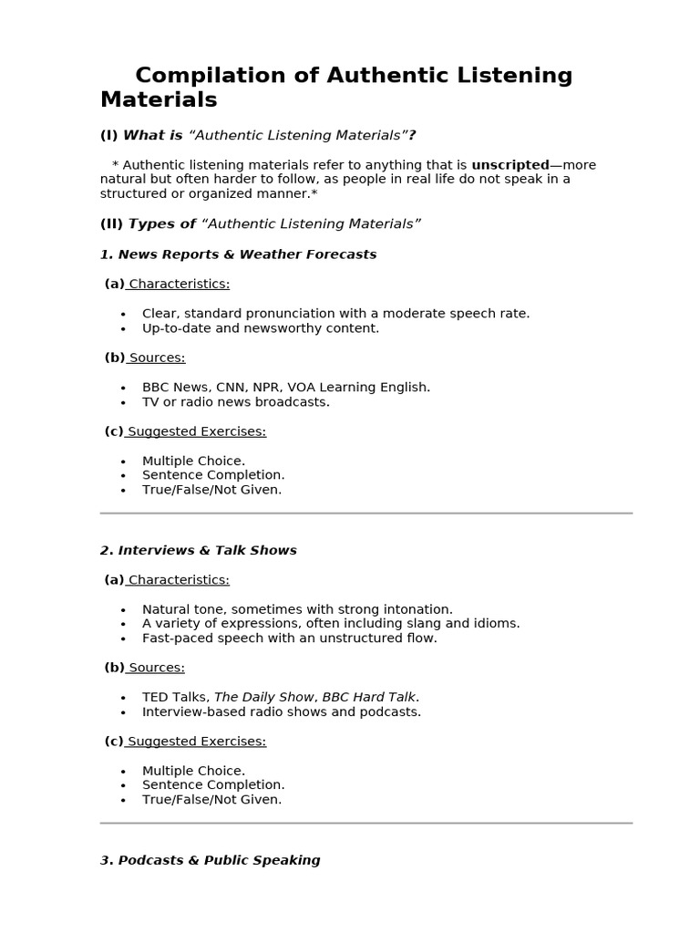 Authentic Listening Materials Guide | PDF | You Tube | Public Speaking