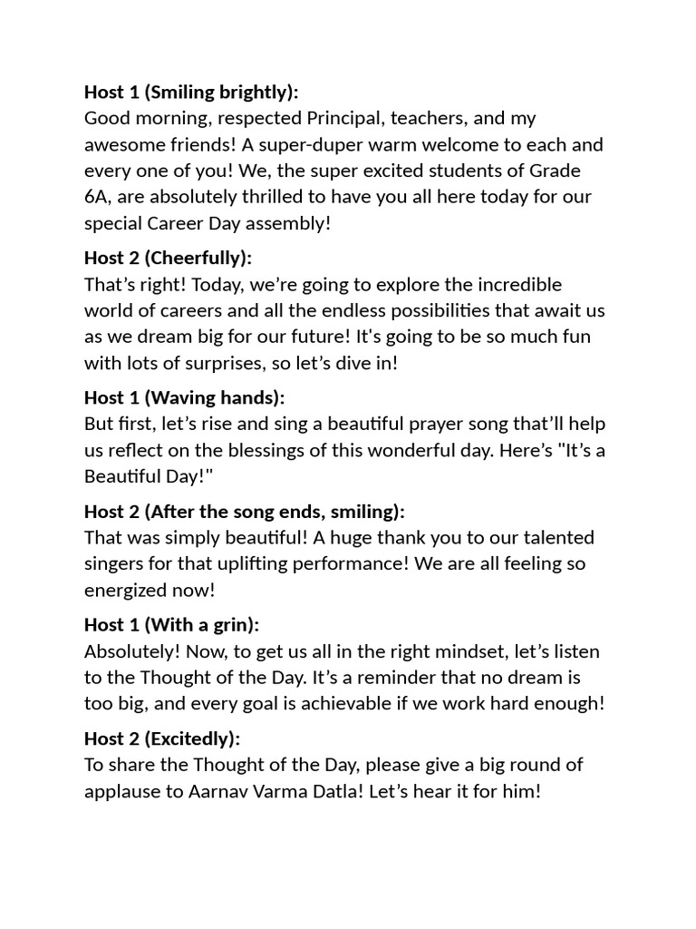 Compeering Script For Grade 6A Career Day Assembly | PDF