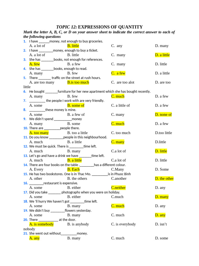 Topic 12.expressions of Quantity | PDF