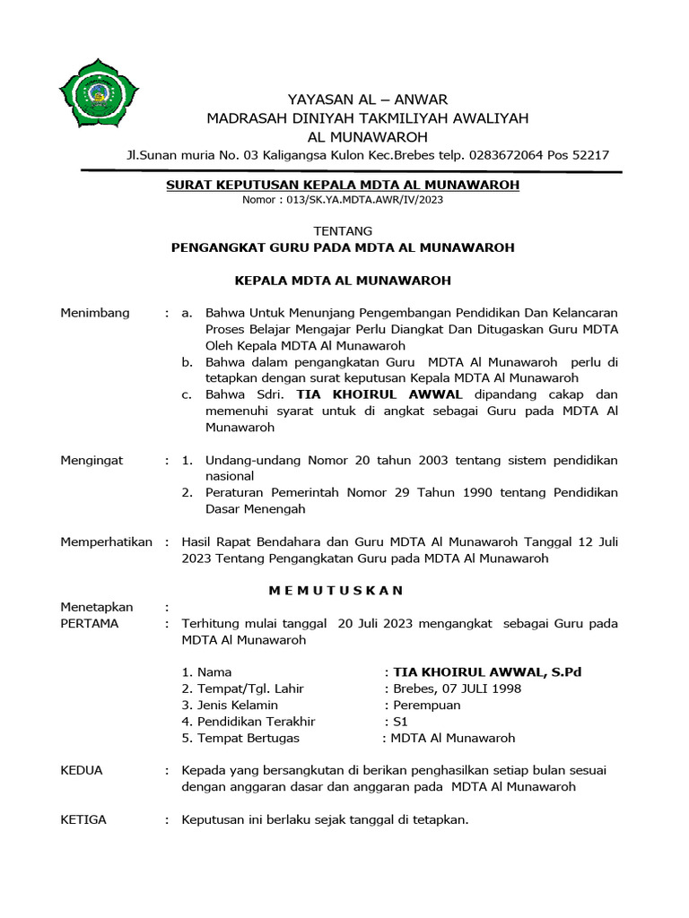 SK MDTA AL MUNAWAROH 2023 tia dan efi | PDF