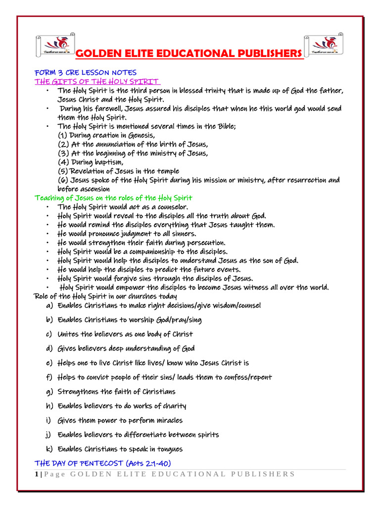 Form 3 CRE Notes: Gifts of the Holy Spirit | PDF | Jesus | Spiritual Gift