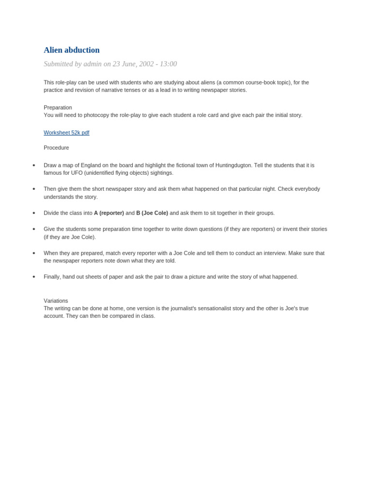 Alien Abduction Role-Play Activity | PDF