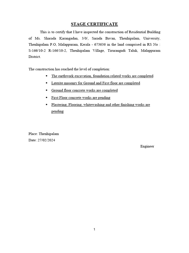 Residential Building Stage Certificate | PDF