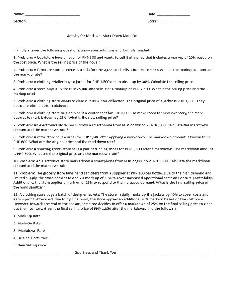 BM Activity Mark Up Mark Down Mark On | PDF | Prices | Marketing