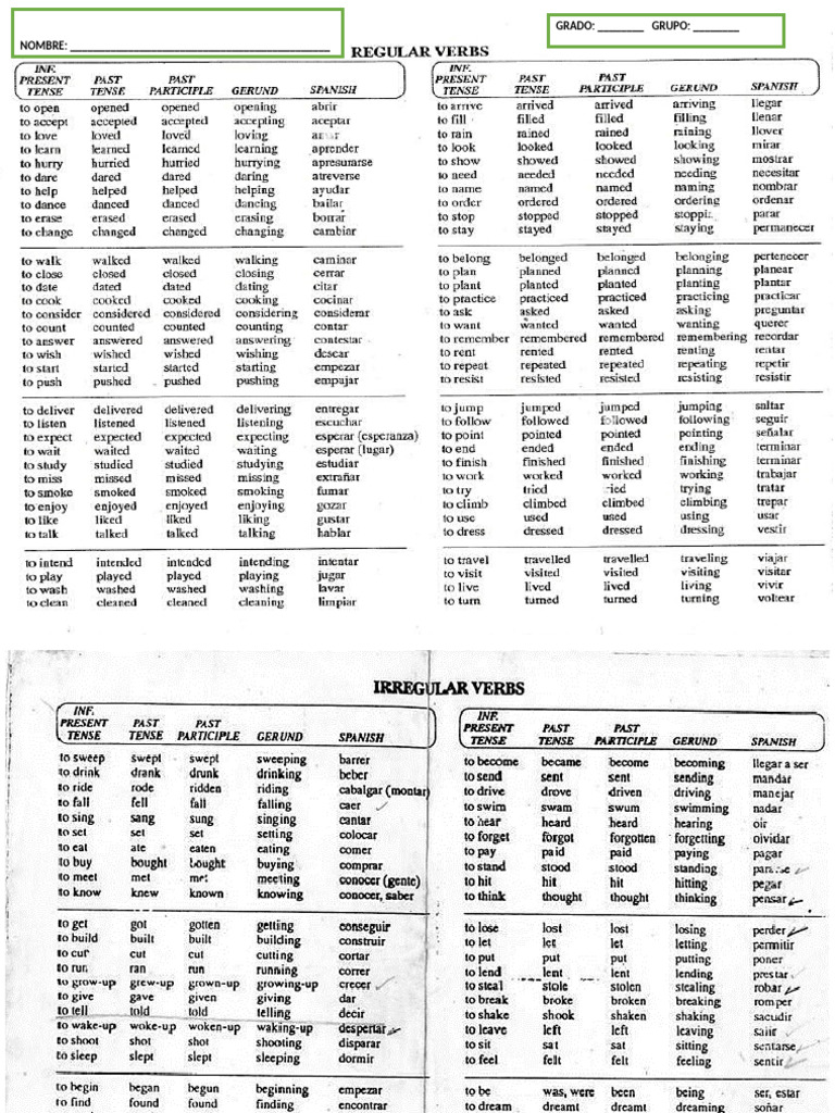 Hoja Verbos Ing | PDF