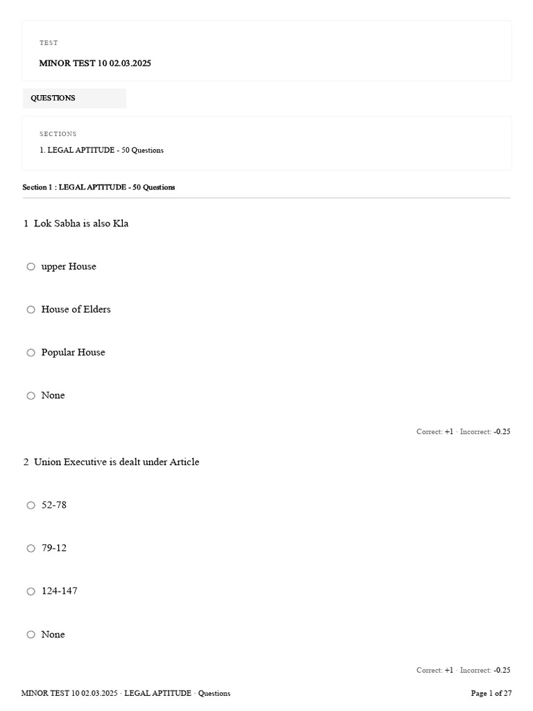 Legal Aptitude Minor Test 10 Questions | PDF | Negligence | Tort