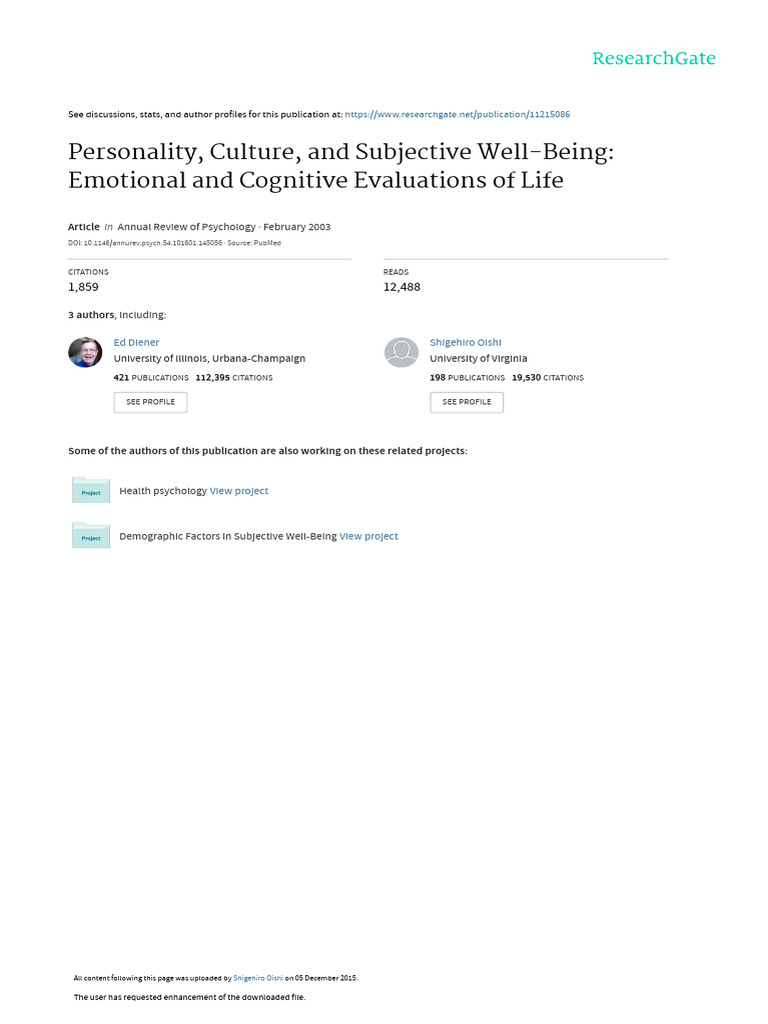 DienerPersonalitycultureandsubjectivewell Being | PDF | Extraversion And Introversion ...