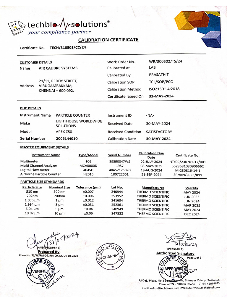 Apexz50 (100L)cal certificate | PDF