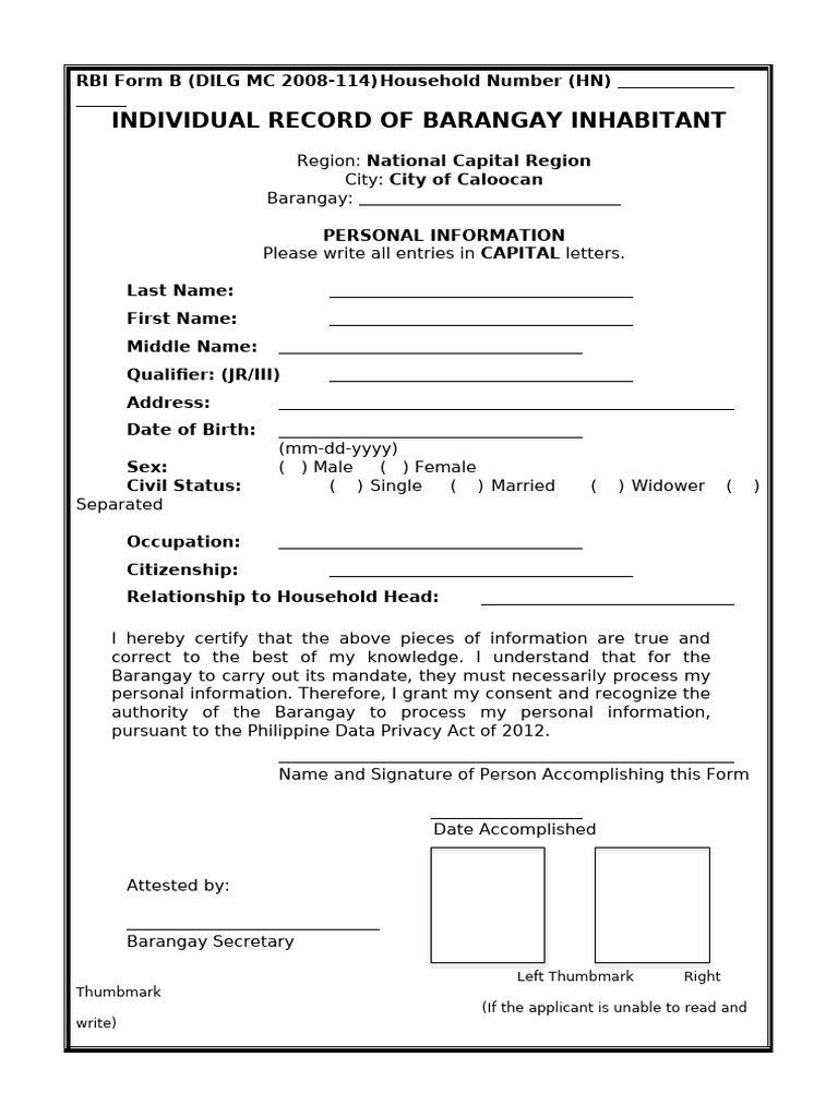 RBI Form B: Barangay Inhabitant Record | PDF