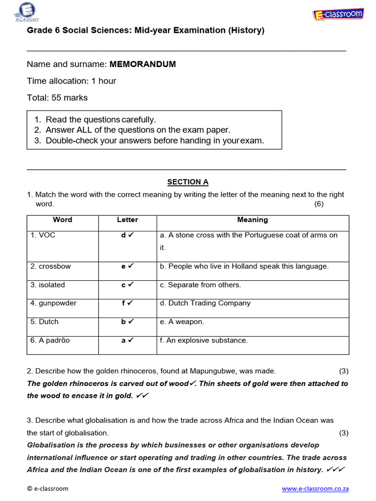 Gr06 History Term2 Pack01 Practice Paper Memo | PDF
