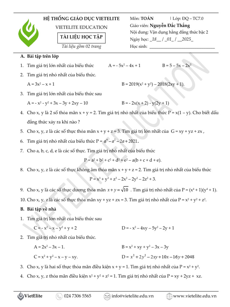 DQ - TC7.0 - chủ đề vận dụng hằng đẳng thức bậc 2 - 1801 | PDF