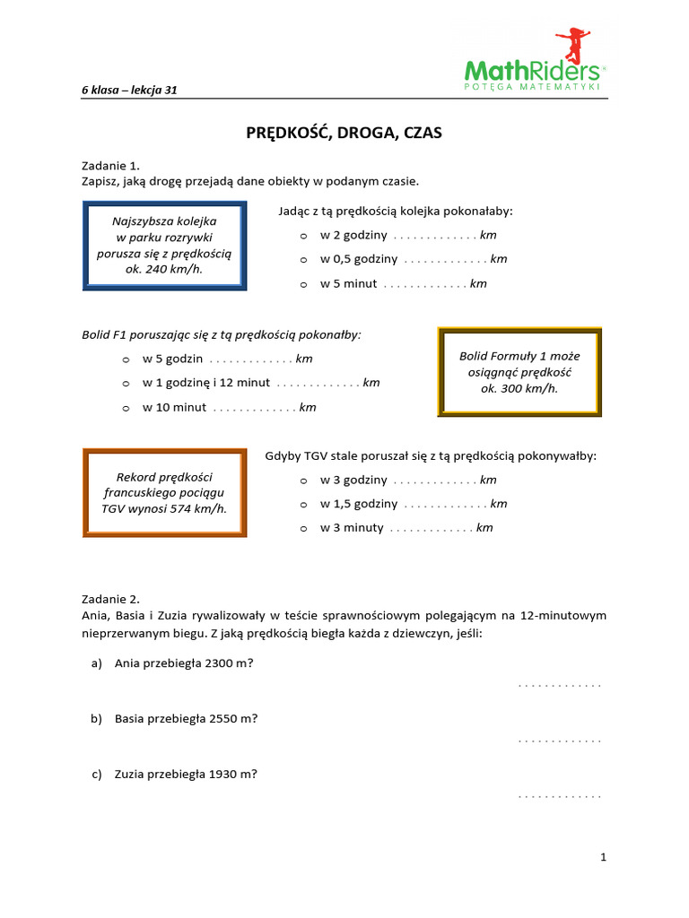 6 klasa - lekcja 31 - PRĘDKOŚĆ DROGA CZAS - karta pracy | PDF
