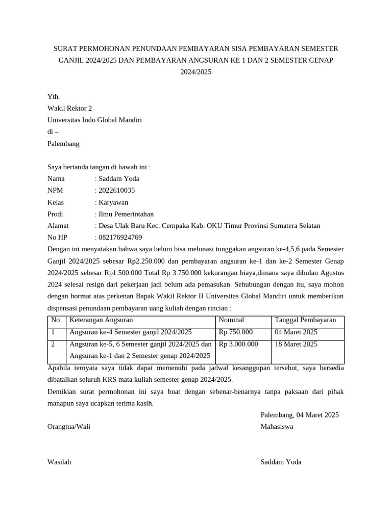 Surat Permohonan Penundaan Pembayaran | PDF